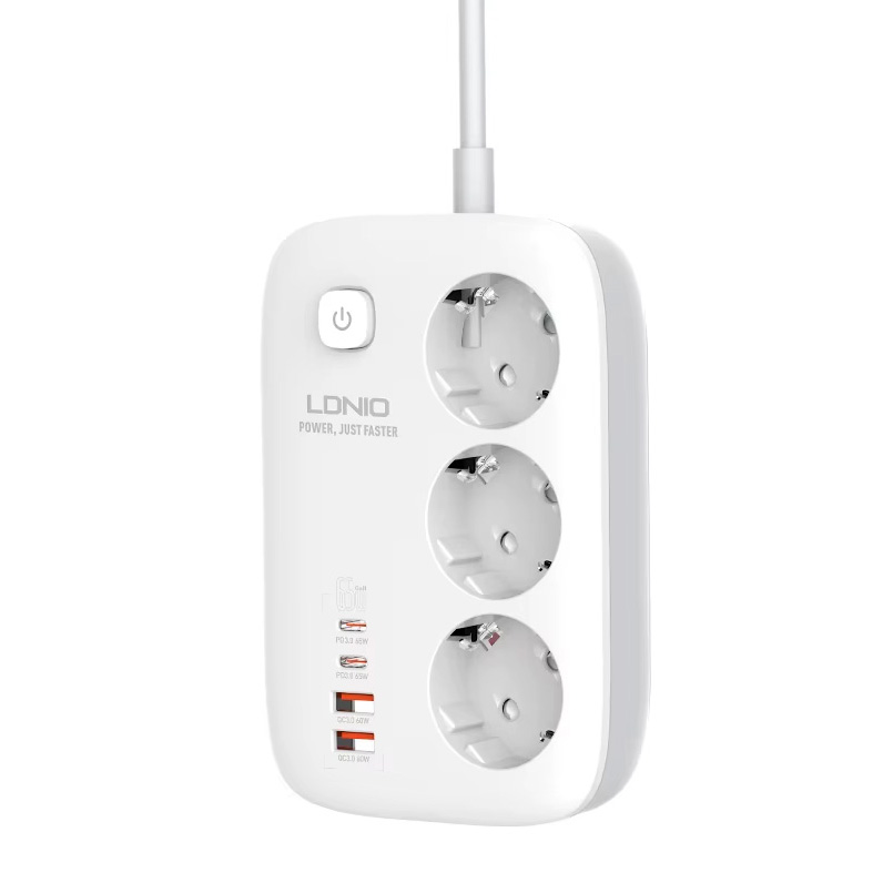 Produzni kabl LDNIO SE3436 3250W EU 3 uticnice + 2xUSB QC 60W, 2xPD 65W, PPS, GaN 2m beli