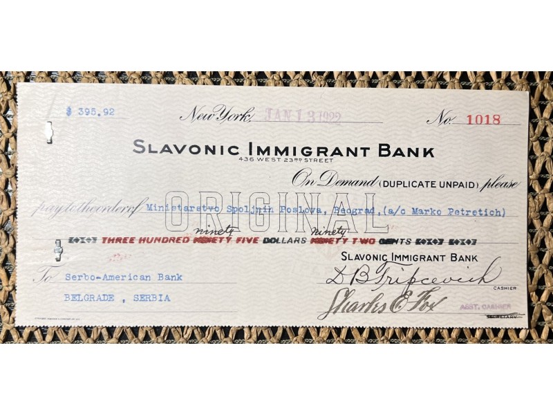 Bankovni cek Slavonic immigrant bank Belgrade 1922.g 44