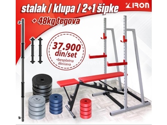 Stalak za tegove /univerzalna klupa /2+1 šipka i 48kg tegova