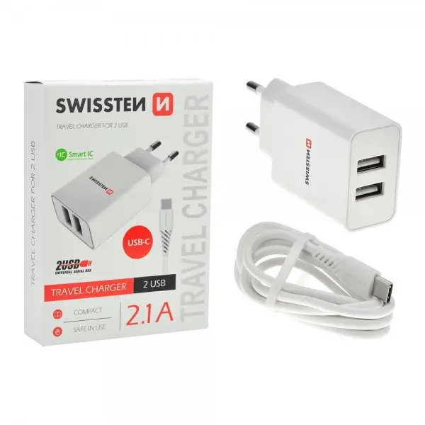 SWISSTEN Kucni Punjac 2.1A 2xUsb Type-C (Bela)