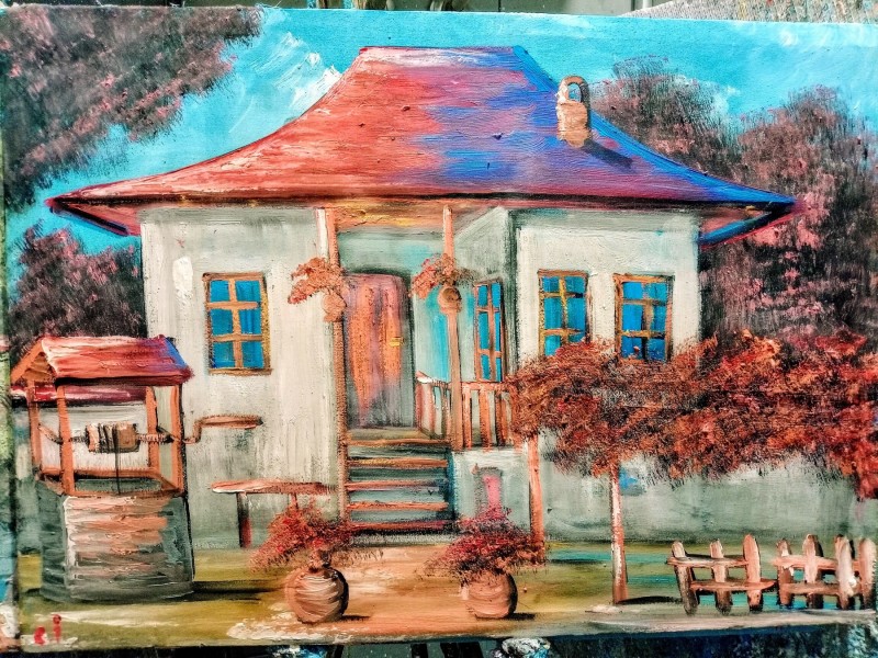 Stara kuca sa bunarom 70x50cm ulje na platnu platnu