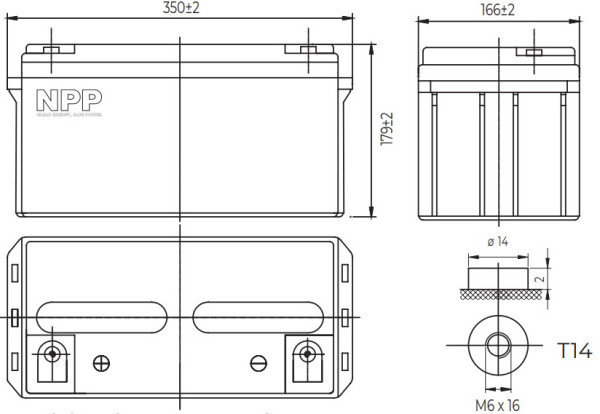 NPP NPG12V-65Ah, GEL BATTERY, C20=65AH, T14, 350*168*179*179, 18,3KG, Light grey