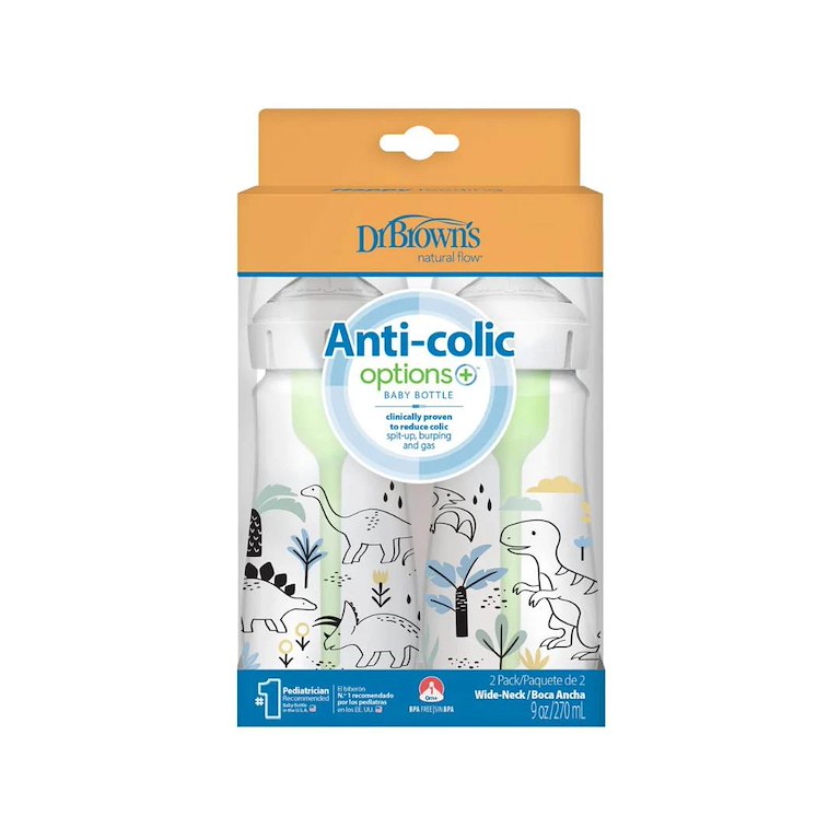 Dr Brown's Flašica Plastična Options+ Anti-Colic Wide-Neck DINOSAURUS 2 Flašice 2x270 mL