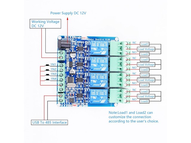 Modbus RTU 4 Releja Module RS485 komunikacija