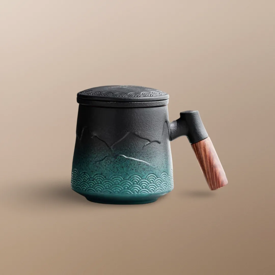 [Winter SALE]“Mountain” - Embossed Ceramic Tea Mug With Wooden Handle and Removable Infuser