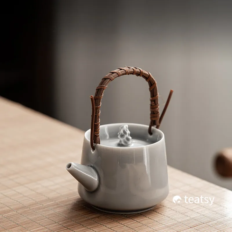 [Winter SALE][SALE]“Withered Rock”Hand-made Ice-gray Glaze Ceramic Teapot With Overhead Wooden Handle