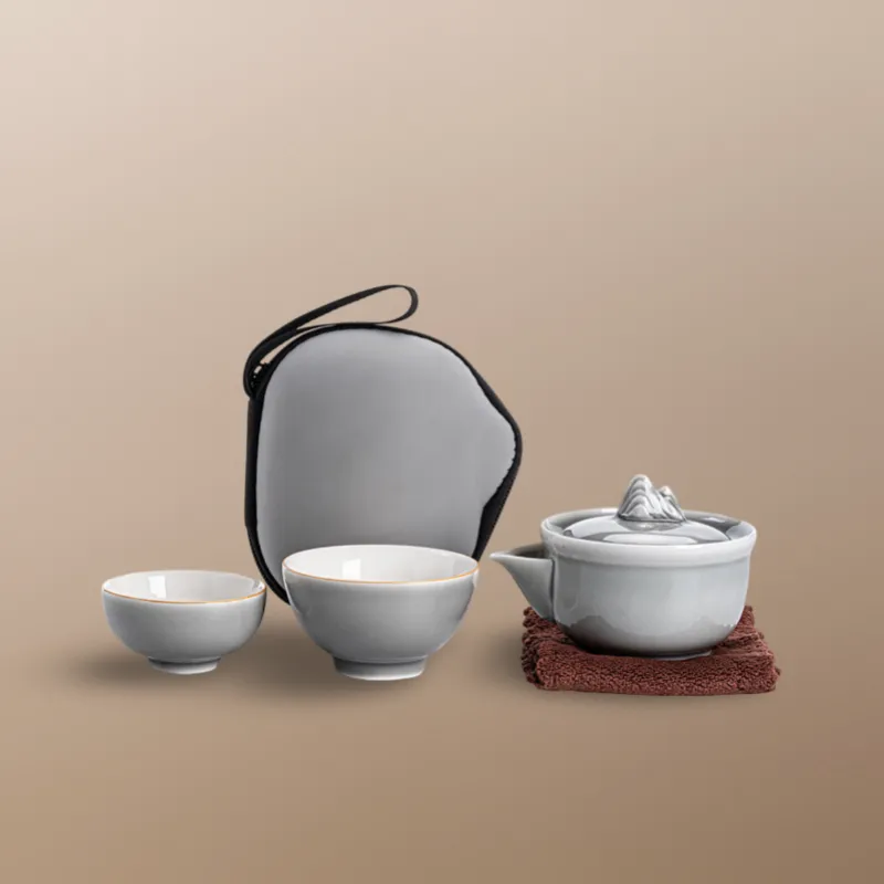 [Winter SALE][SALE]“Mountain Silhouette”Handmade Ice-gray Glaze Ceramic Easy Brew Gaiwan Teaset (Double-cup) With Protective Case