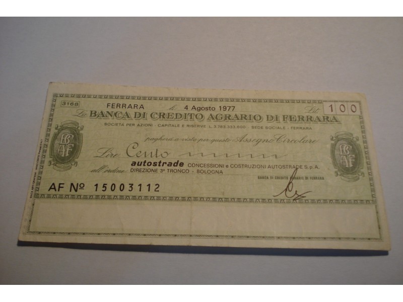 BANCA DI CREDITO AGRARIO DI FERRARA - 100 LIRA