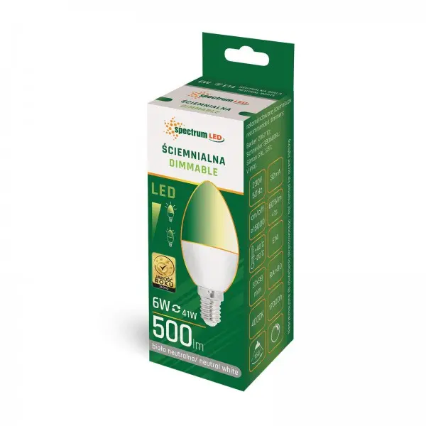 SPECTRUM LED Sijalica LED Sveća 14382, 6W, E14, 4000K, DIMM, Bela