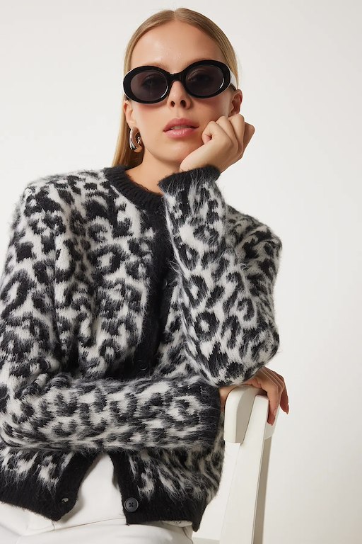 Happiness Istanbul Ženski kardigan sa leopard printom, Belo-crni