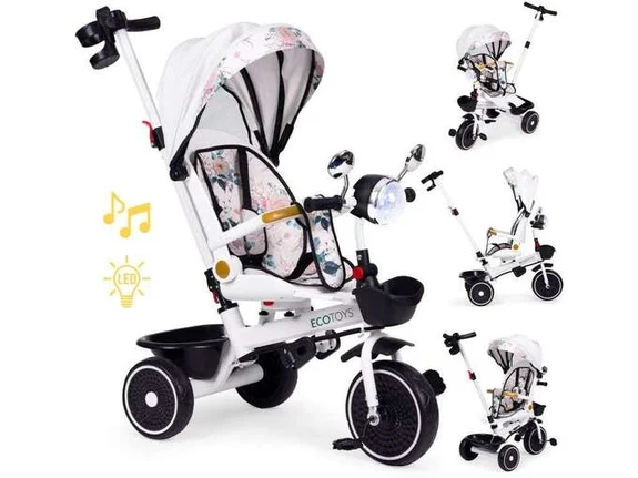 Eco toys Tricikl za decu sa rotirajućim sedištem, gurajućim rukohvatom i tendom