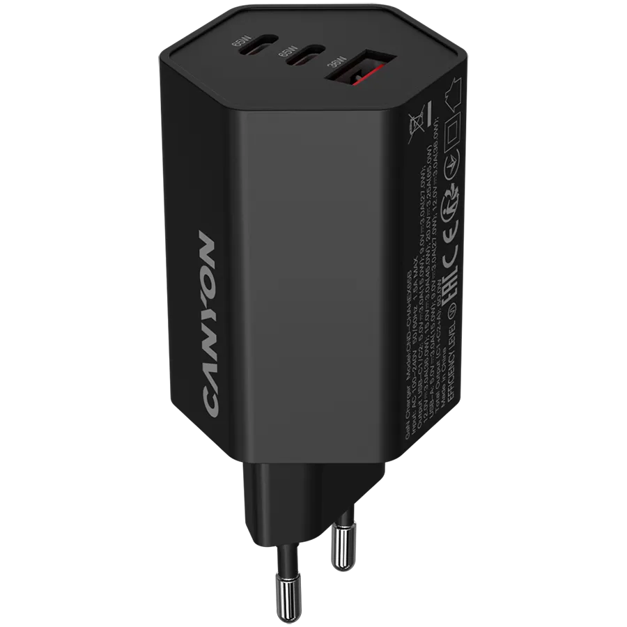 CANYON charger HEXAGON 65 GaN 65W 2xPD 1xQC EU Black