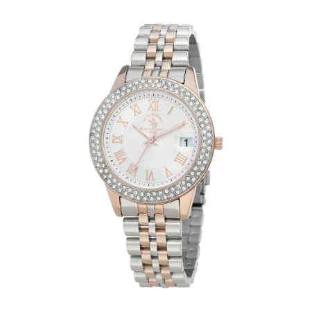 Ženski polo santa barbara unique beli srebrni roze zlatni elegantni ručni sat sa cirkonima i bikolor metalnim kaišem ( sb.1.10001.4 )