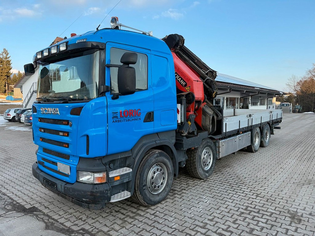 Scania R 380 8x2 + Palfinger 85002 Fly Jib kamion s ravnom platformom