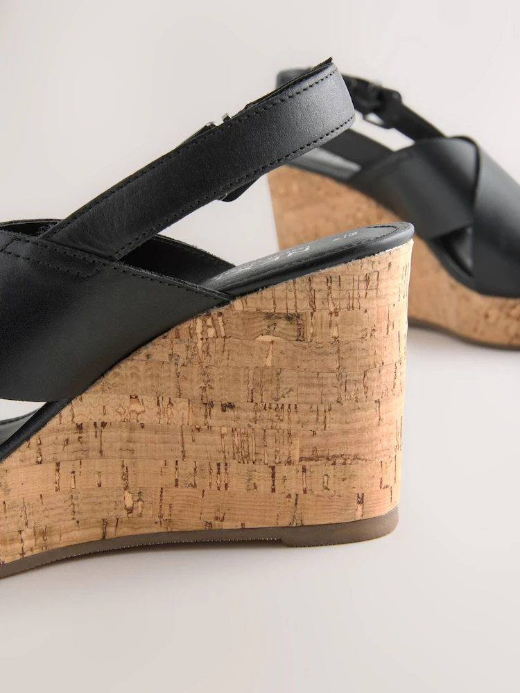 Crno - Kožni okrugli prst Cross-Over Slingback Platform Cipele sa punom petom