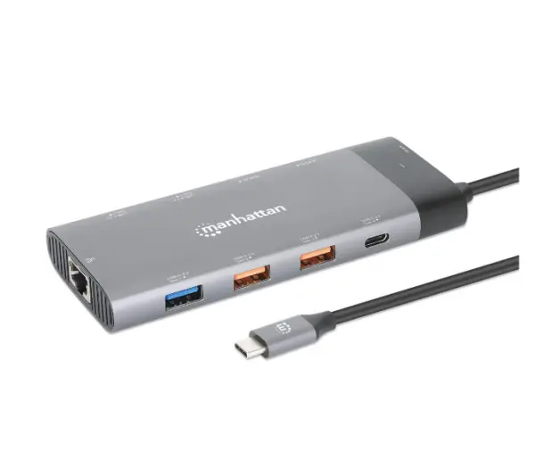 MANHATTAN Docking station 10u1 130714, USB, C, 2xHDMI, 5xUSB, LAN, PD, 100W, Siva