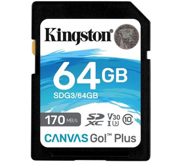 Kingston - SD Card 64GB, Canvas Go!, SDXC, UHS-1 U3 V30, Read up to 170MB/s, Write up to 64MB/s, 4K2K SDG3/64GB