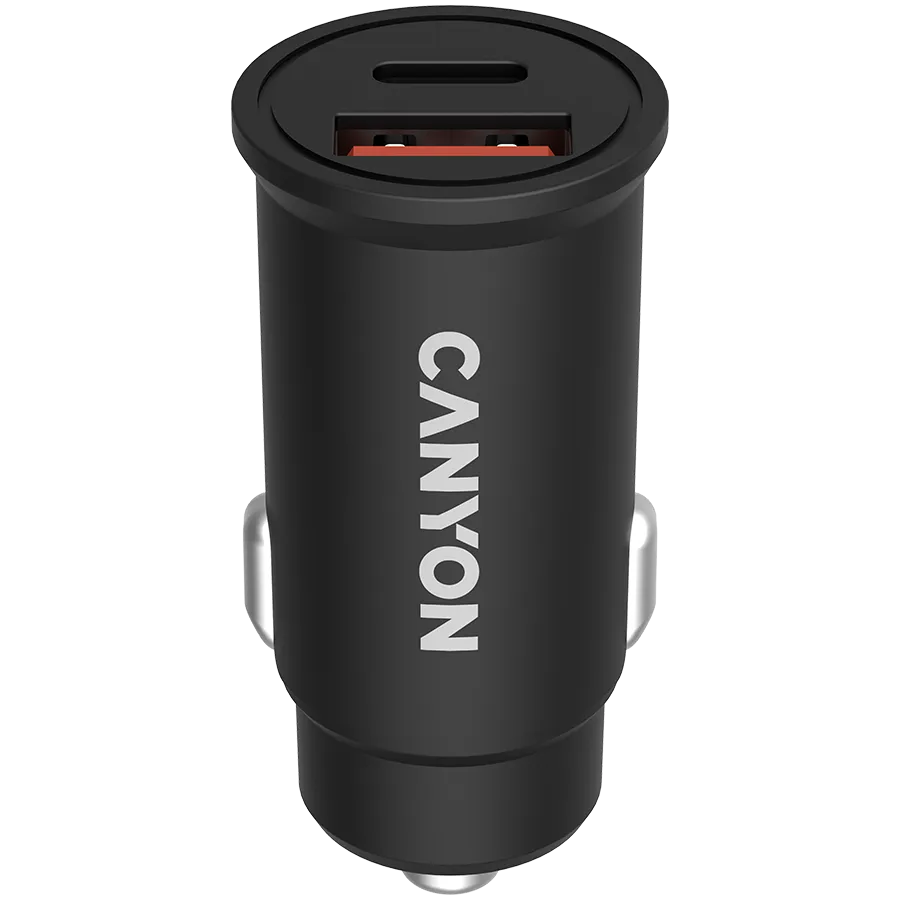 CANYON C-20B03, PD 30W/QC3.0 18W Pocket size car charger with 1-USB A+ 1-USB-C Input: DC12V-24V, Output: USBC: PD30W( 5V3A/9V3A/12V2.5A/15V2A/20V1.5A),USB-A:QC3.0 18W (5V3A