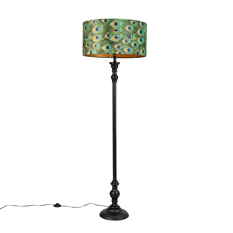 Podna lampa crna sa plišanim abažurom paun zlato 50 cm - Classico