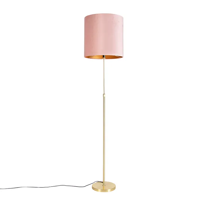 Podna lampa zlatna/mesingana sa roze plišanim abažurom 40/40 cm - Parte