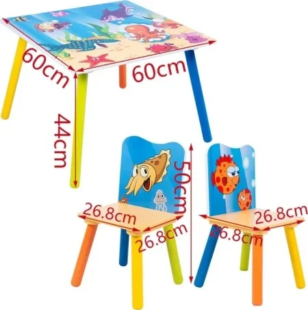 Kinder home dečiji drveni sto i stolice sa morskim životinjama - set za crtanje, igru, učenje i jelo ( TF-4290 )