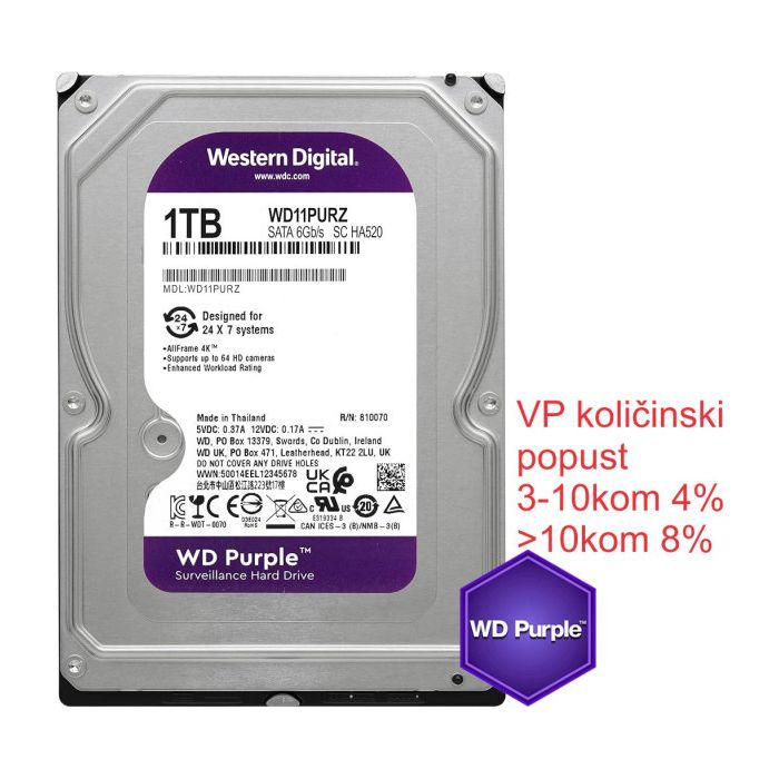 HDD 3.5 ** 1TB WD10PURZ WD Purple 24/7 5400RPM 64MB SATA3