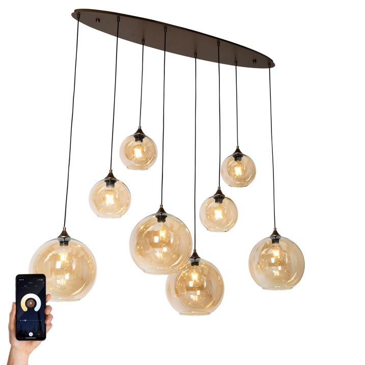 Smart Pendant Lamp Dark Bronze with Amber Glass Oval 8-Lights Incl. 8 Wifi G95 - Sandra