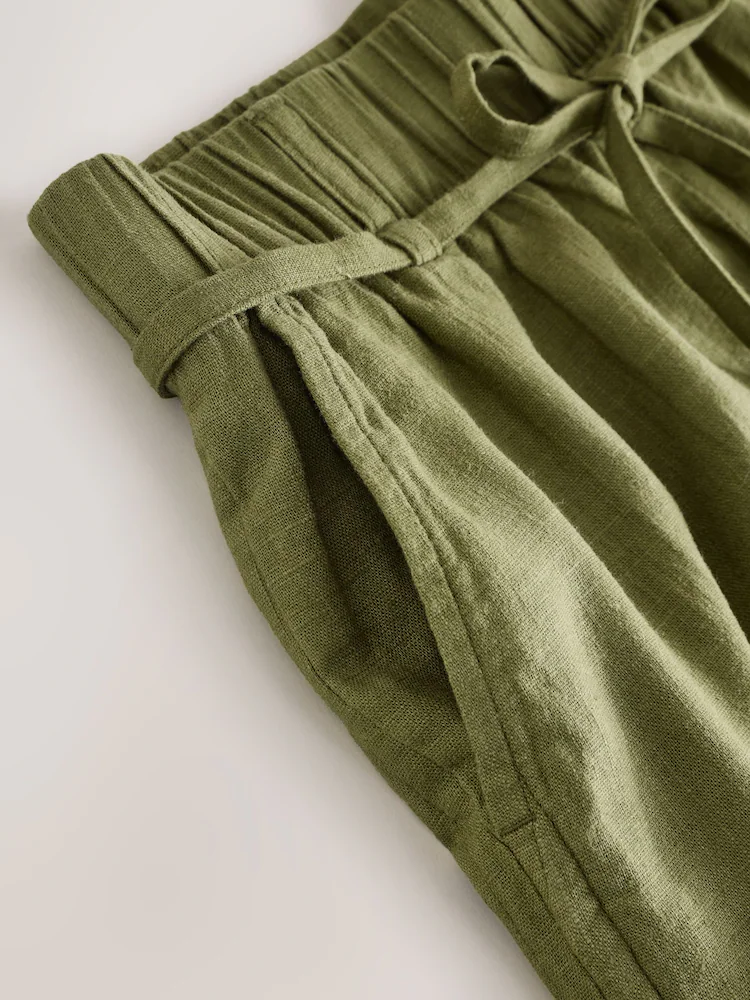 Khaki Zeleno - Kravata Struk Laneno platno Blend Boy Kratko