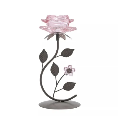 Svećnjak - Hestia, Pink Rose Shaped on Taupe Base