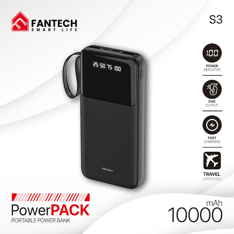 Power Bank baterija Prenosiva baterija Fantech S3 10000mAh, 10W crni