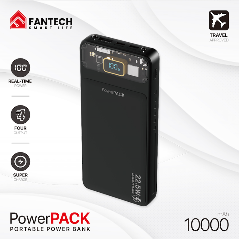 Univerzalna Back Up Baterija Prenosiva baterija Fantech T1 10000mAh QC, PD, 22.5W crni