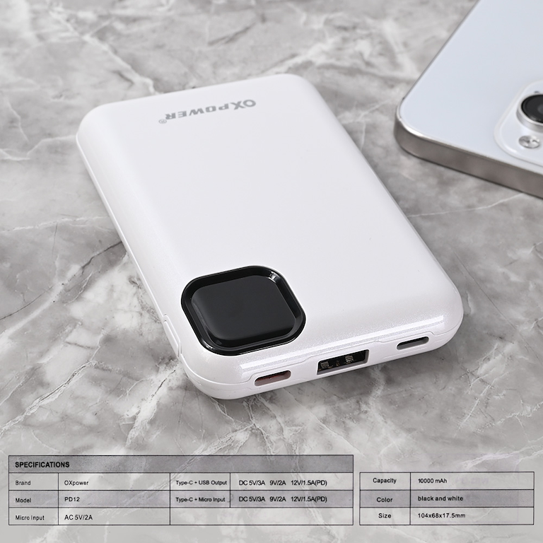 Univerzalna Back Up Baterija prenosiva baterija Oxpower PD12 10000mAh bela