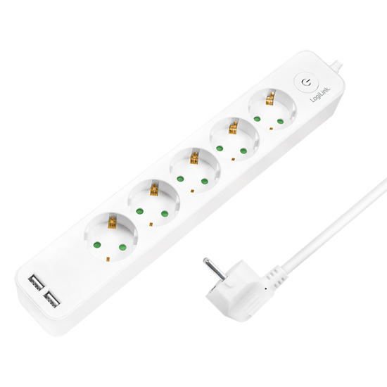 Logilink produžni kabl 5 mesta, 2 USB, prekidač, 1.5m, beli