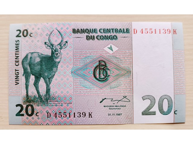 Kongo 20 centimes . Unc, 1997 godina