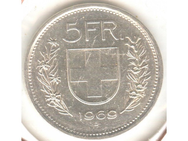 Svajcarska 5 francs 1969 B UNC srebro