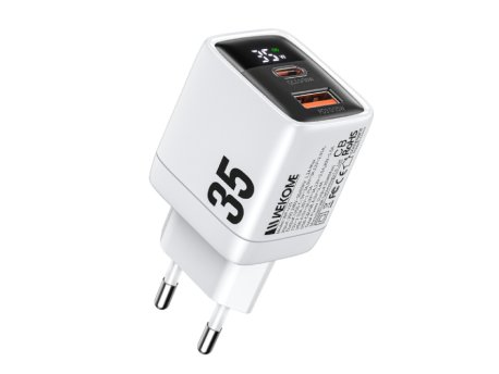 WEKOME WP-U25 Super brzi Strujni GaN Punjač, 2-porta USB (3.0 i 3.1 Tip-C) 35W, sa displejom, beli