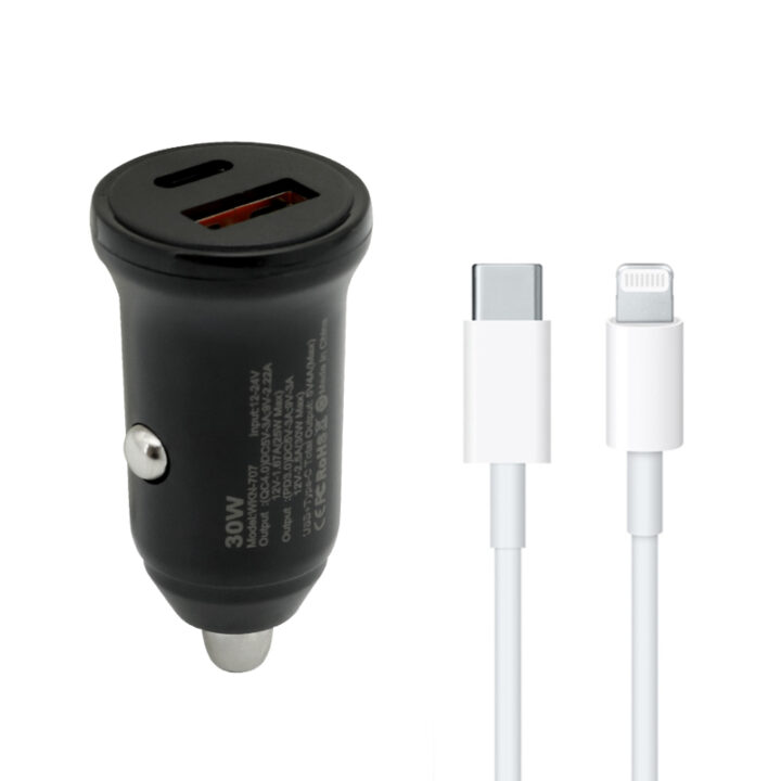 AUTO PUNJAC 30W USB-A + TYPE-C ULAZ SA TYPE-C NA LIGHTNING KABLOM SIVI