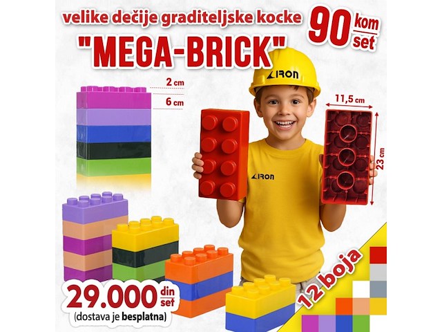 Velike kocke `MEGA-BRICK` decije kocke set 90kom.