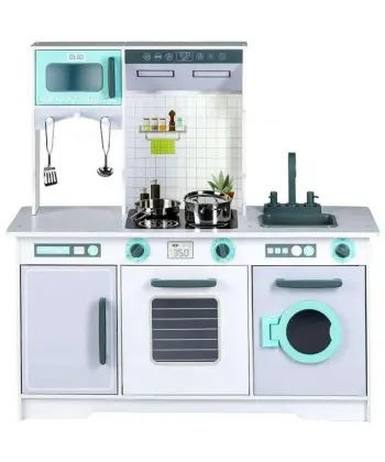 ECO TOYS Drvena kuhinja za decu sa veš mašinom i dodacima, Siva