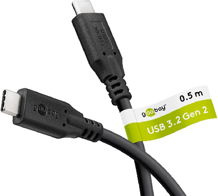 USB-C Cable, USB 3.2, 100 W, 10 Gbit/s, Power Delivery, 0.5 m, 0.5 m, black, Cable Tag - USB