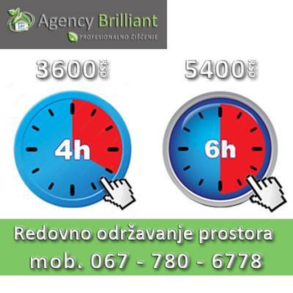 Brisanje i redovno održavanje prostora za 4h rada 3600 rsd, za 6h rada