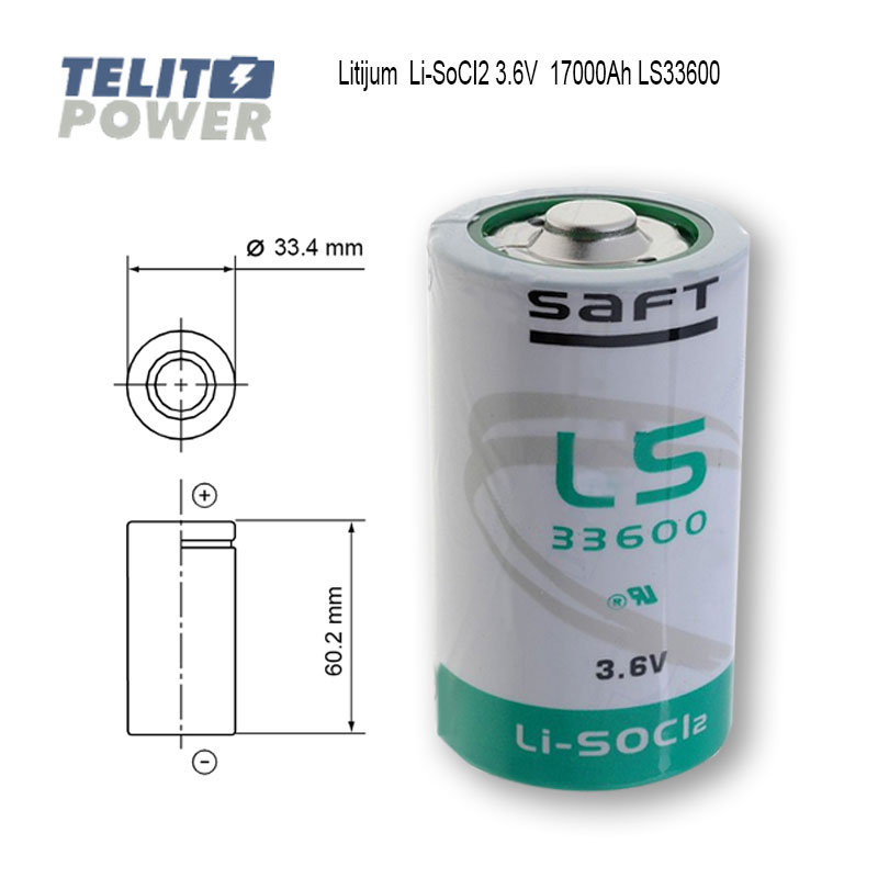 Litijum D 3.6V 17000mAh LS33600 SAFT
