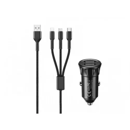 REMAX Auto punjač 2.4A 2xUSB + kabal 3u1 crni