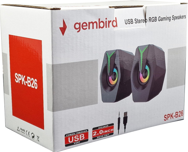 SPK-B26 * Gembird Stereo zvucnici black LED, 2.0 inch, 6W RMS (2x3W) USB pwr, volume control, 3,5mm