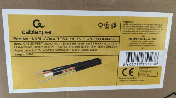 KABL-COAX-RG59+2X0.75 CCA/PE/300M/MSG Outdoor Koaksialni kabl sa napojnim kablom 2x0,75 + SAJLA 300m