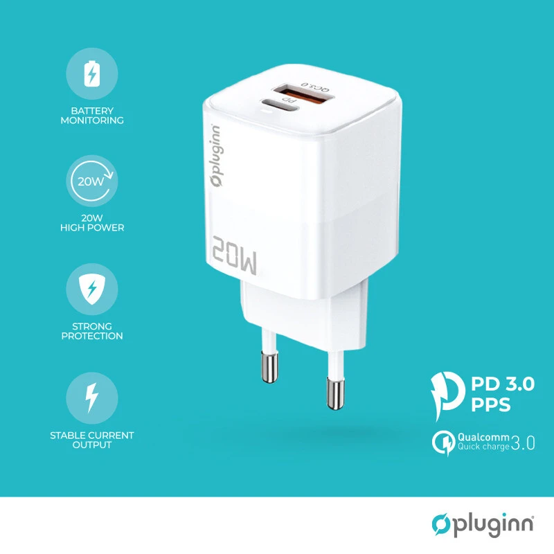Kucni punjac Pluginn PI-D73, QC3.0 PD3.0, PPS, USB-PD 18W+20W, 38W (total) beli CE