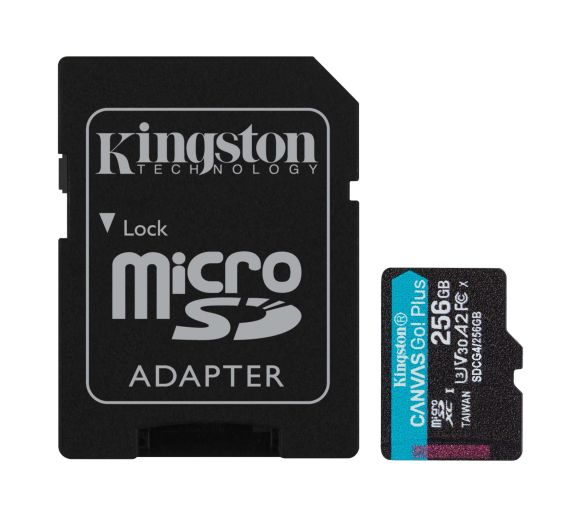 Kingston - MicroSD 256GB, Canvas Go! Plus, Class10 UHS-I U3 V30 A2, Read up to 200MB/s, Write up to 160MB/s, for 4K and FullHD video recording, w/SD adapter