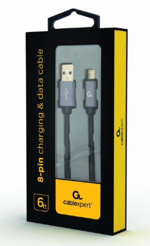 CCB-mUSB2B-AMLM-6 Gembird Cotton braided 8-pin cable with metal connectors, 1.8 m, black, blister
