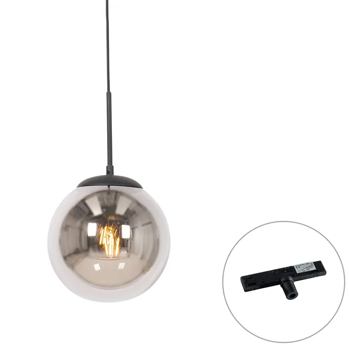 Art Deco hanglamp zwart met smoke glas incl. rail adapter 1-fase - Slimline Flore
