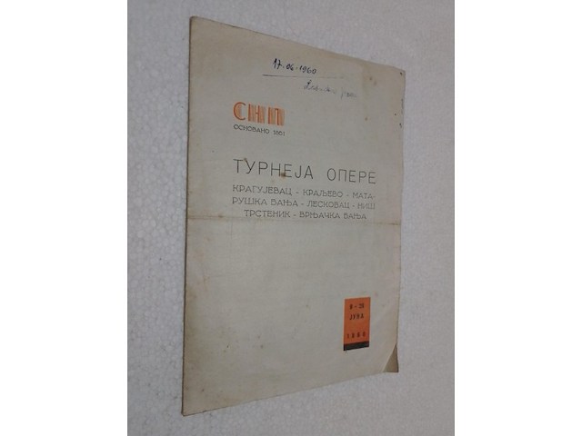 TURNEJA OPERE SNP 9-20 JUNA 1960 PROGRAM